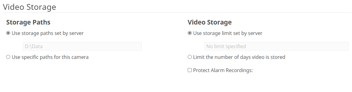 Configure video storage for a camera